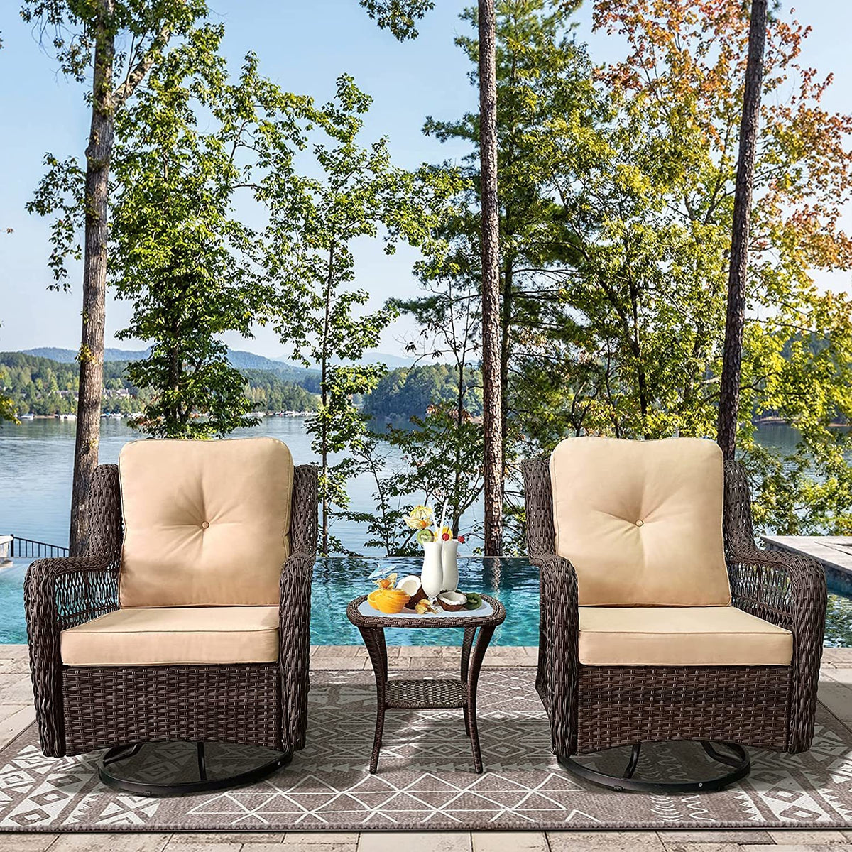 Outdoor 3 Piece Wicker Swivel Bistro Set LUX HOME GARDEN